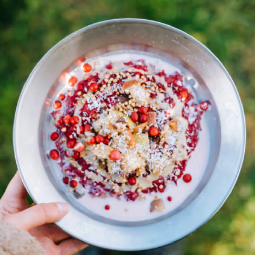 Beetroot porridge with apple compote and tahini
