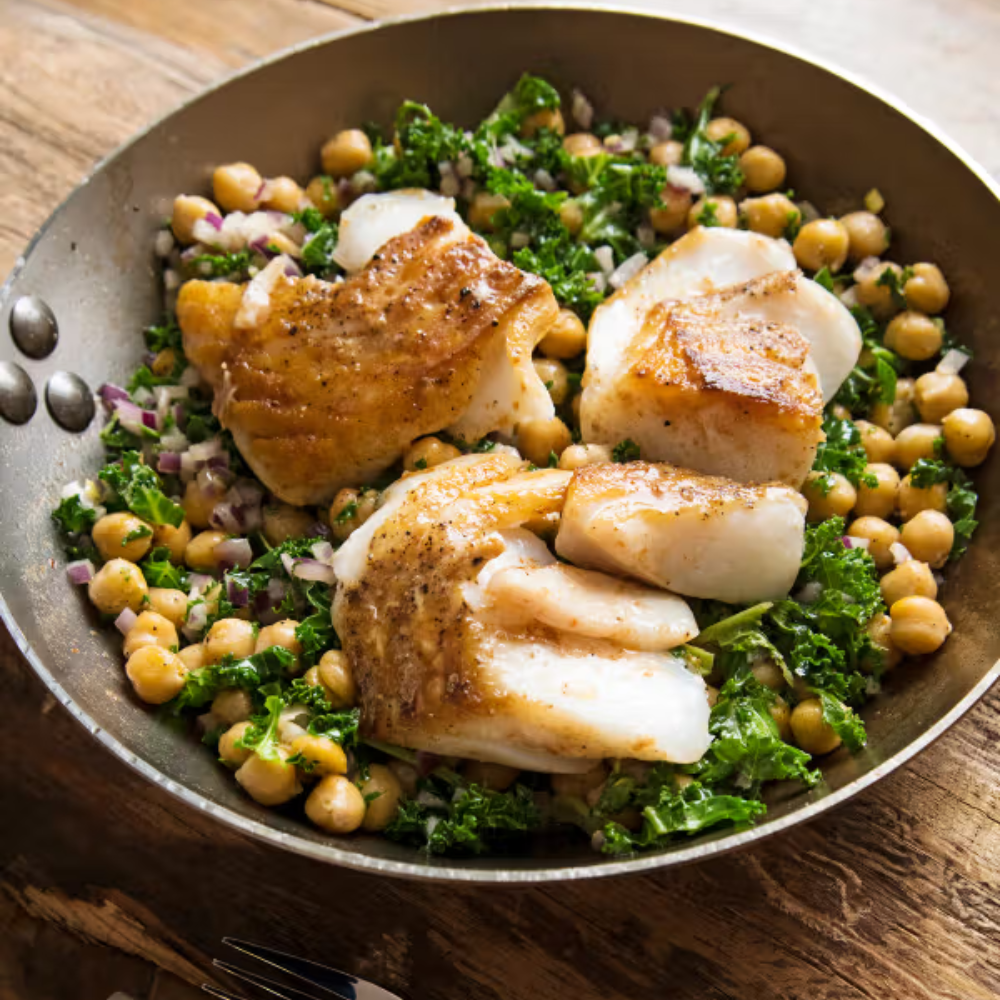 Fried Cod with Chickpeas and Kale
