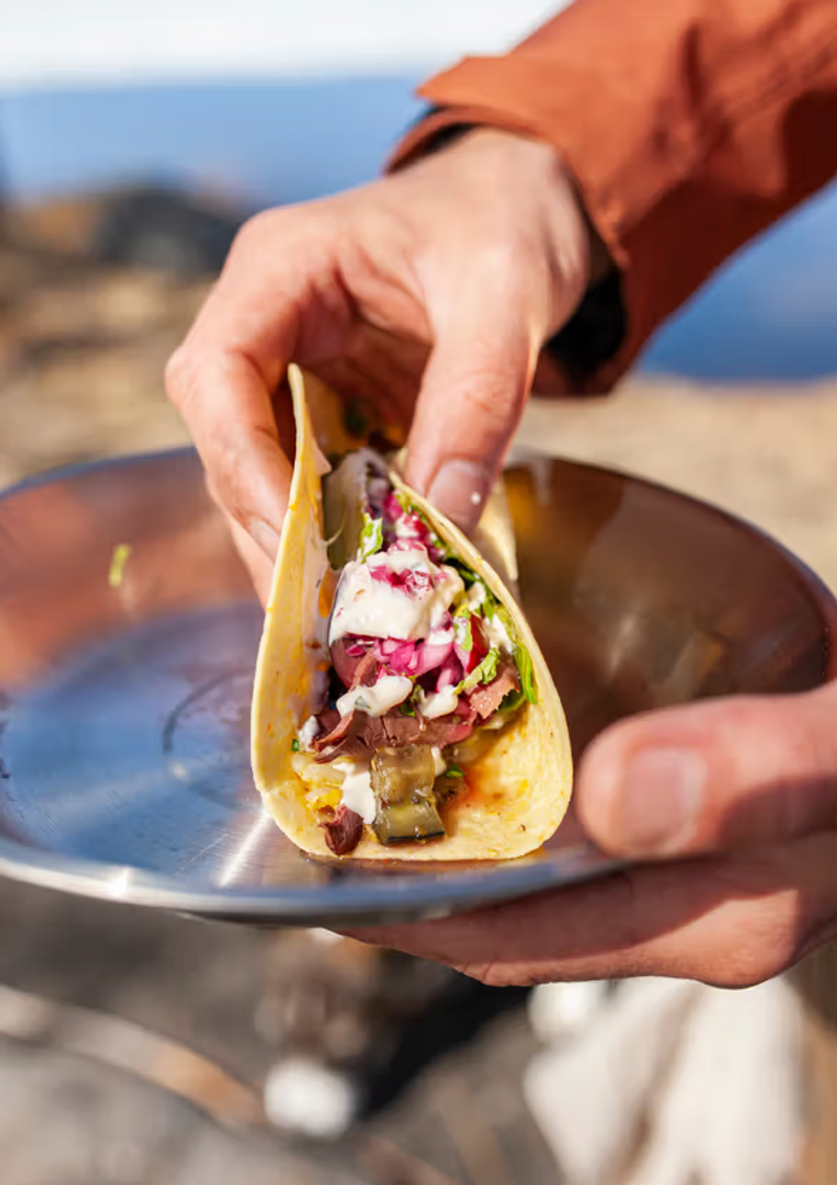 Smoked elk heart taco with pickled red onions